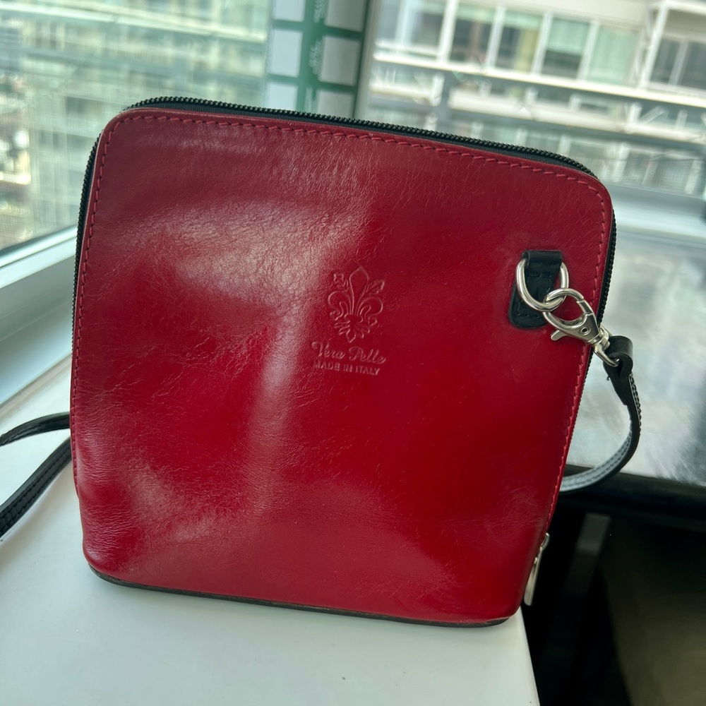 Vera Pelle Red And Black, Leather Crossbody Purse. Ma… - Gem
